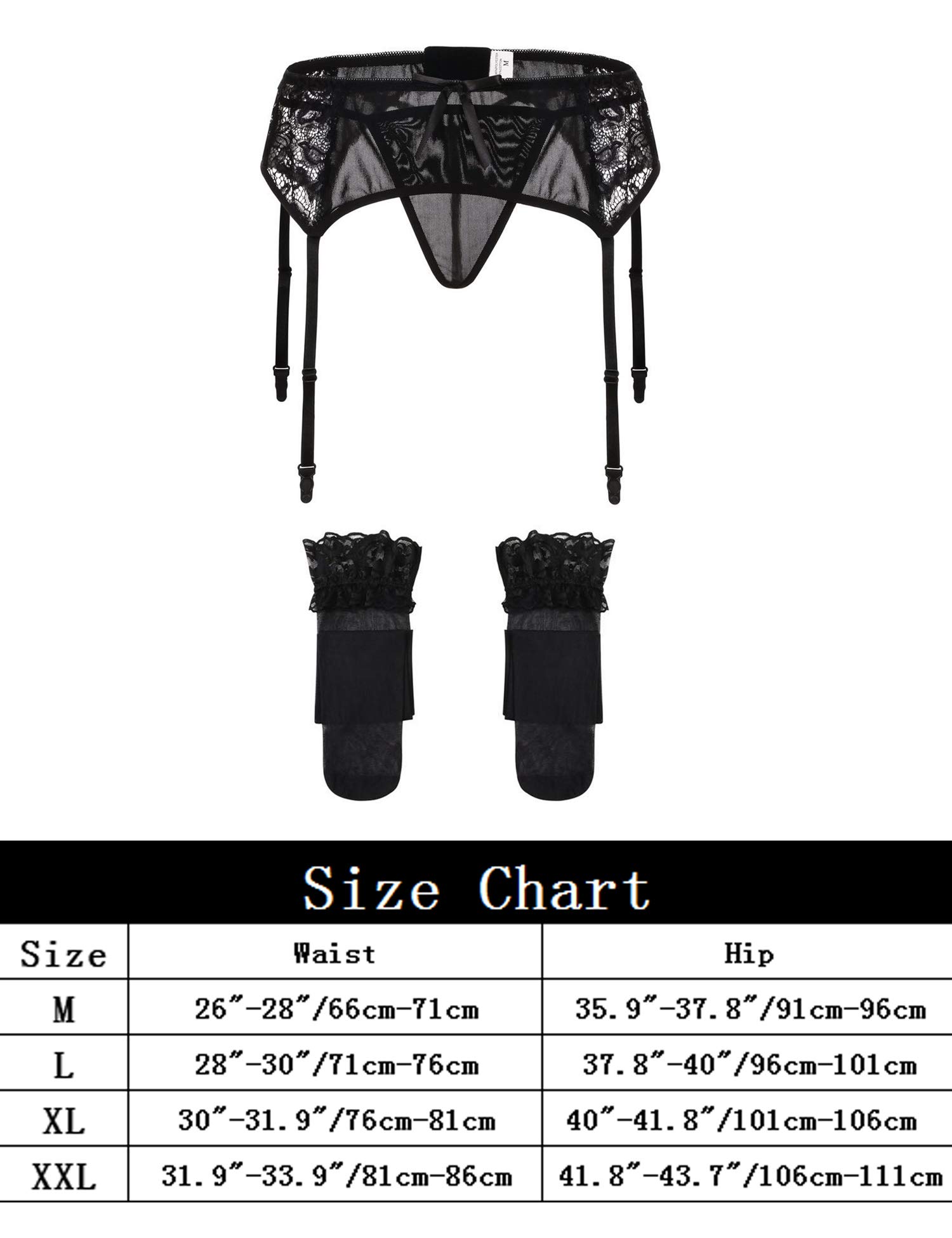 ADORELIFE Women's Floral Lace Sexy Black 4 Metal Clips Garter Belt Set (Free Stockings)