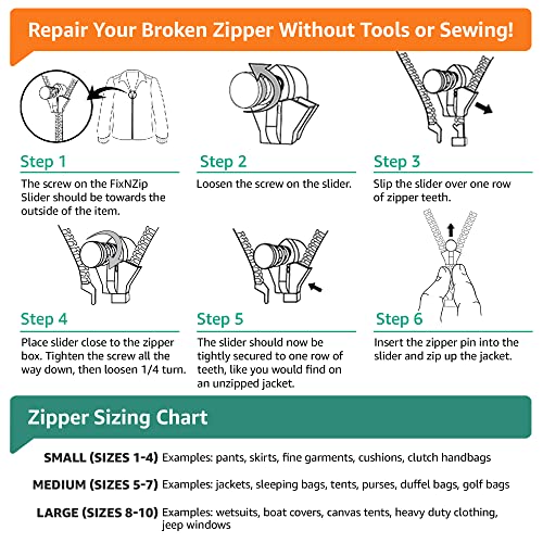 FixnZip (Medium, Black Nickel) - See Size Guide - Universal Zipper Repair Kit for Jackets, Luggage, Bags - Backpack Zipper Replacement Repair Kit - Instant Zipper Fix - Made in The USA…