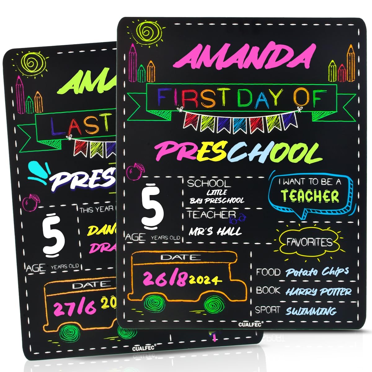Personalized First Day and Last Day of School Sign 13" x 16" Large Chalkboard Style Photo Prop Back to School Supplies - 2 Pcs