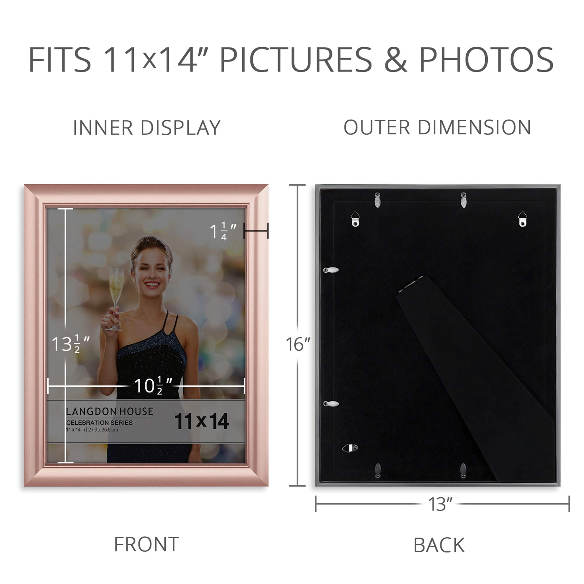 Langdon House 11x14 Rose Gold Picture Frame, Contemporary Glam Photo Frame 11 x 14, Wall Mount or Table Top, Celebration Collection