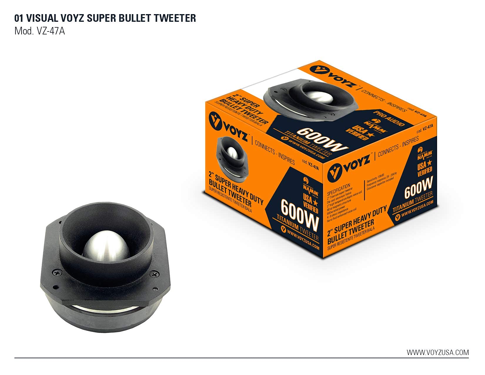 VOYZ 600 Watt Super Tweeter 2KHz - 25KHz - 5β Supper Bullet Tweeter - Heavy Duty Super Strong Ferrite Magnet Tweeter with Titanium Diaphragm 4-8 ohms Includes Crossover Capacitor (VZ-47A)