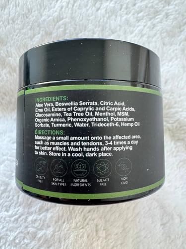Hemp Cream - Glucosamine - Arnica - Turmeric - Maximum Strength - Back, Neck, Feet Support 4 FL OZ - Natural Formula Hemp Oil Gel Rub MSM