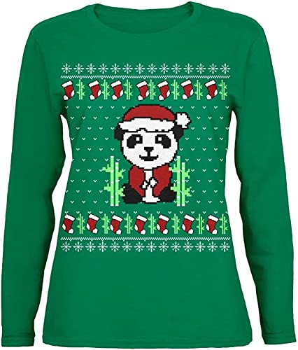Animal World Ugly Christmas Shirts for Women, Adults Xmas T Shirt, Long Sleeve Panda Tee, Holiday Graphic Tees, Festive Tops Ideal for Parties and Seasonal Casual Wear, Green, Large