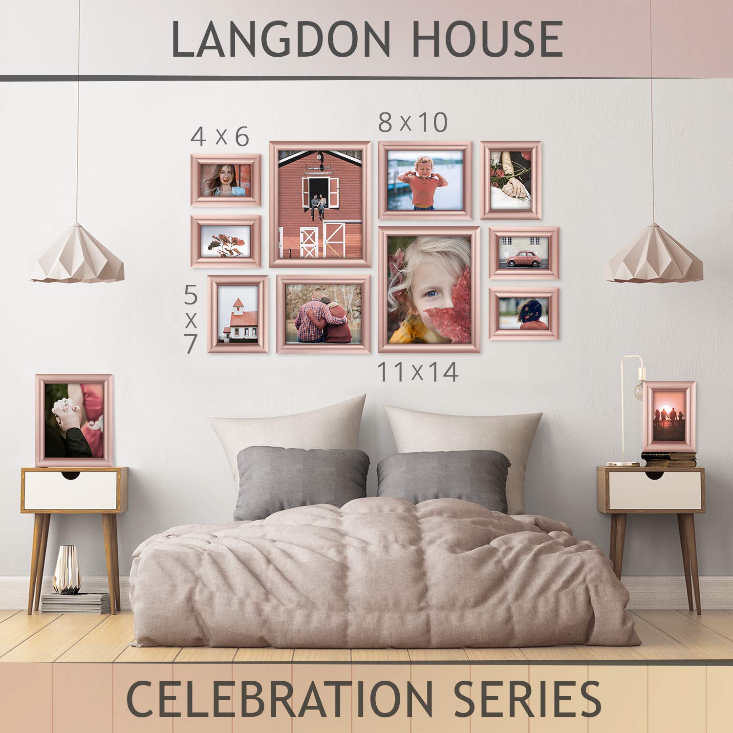 Langdon House 11x14 Rose Gold Picture Frame, Contemporary Glam Photo Frame 11 x 14, Wall Mount or Table Top, Celebration Collection