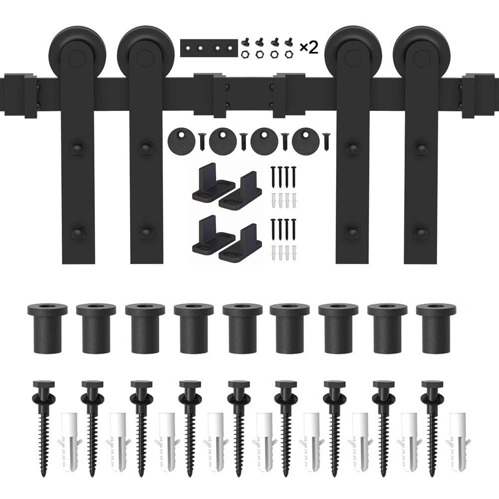 WINSOON 12FT Barn Door Hardware Kit: Double Sliding Door Hardware - Heavy Duty Black Barn Door Track Kit - Carbon Steel Sliding Barn Door Rail - J-Shape Easy to Install for 77" Closet Panel(No Door)