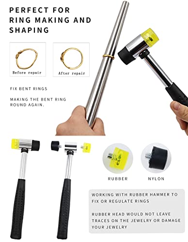 HEYMOUS Ring Sizer Mandrel Measuring Tool Steel Ring Sizing Gauge Sizers Set Rubber Jeweler's Mallet Hammer Metal Finger Size Stick Wire Wrap Rings Tools Jewelry Making Kit