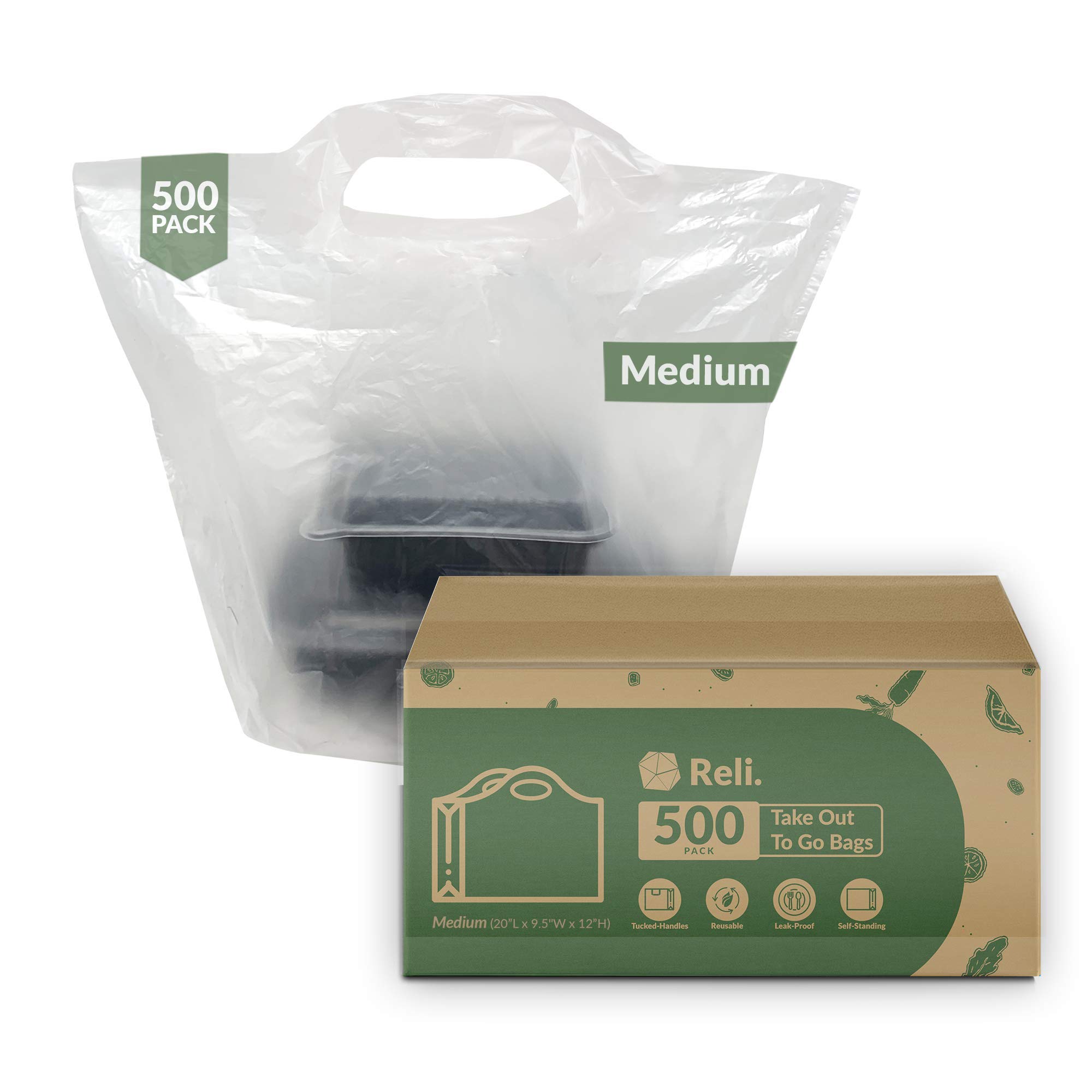 Reli. Take Out/To Go Bags (500 Count Bulk) (Medium 20" L x 9.5" W x 12" H) White Carry Out Shopping Bag, Die Cut Handle, Square Bottom, Reusable - Food Service, Restaurant, Catering, Delivery