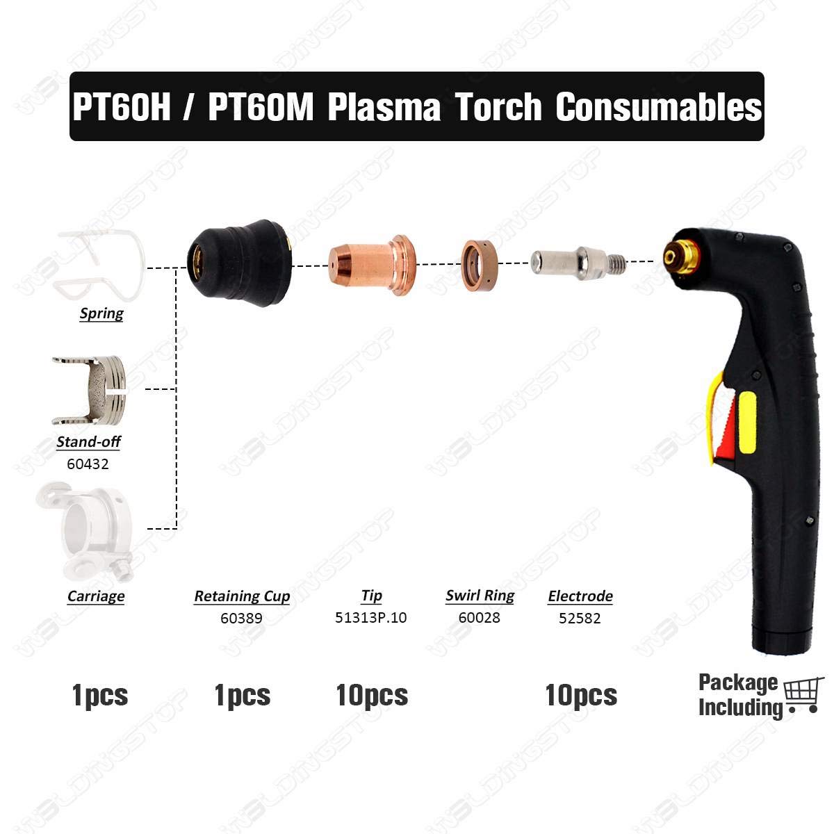 WeldingStop Plasma Cutting Torch for harbor freight 62204 IPT-60 PT-60 IPT-40 PT40 Tip 0.039'' 1.0mm Electrode Shield Cap Stand Off 22pcs