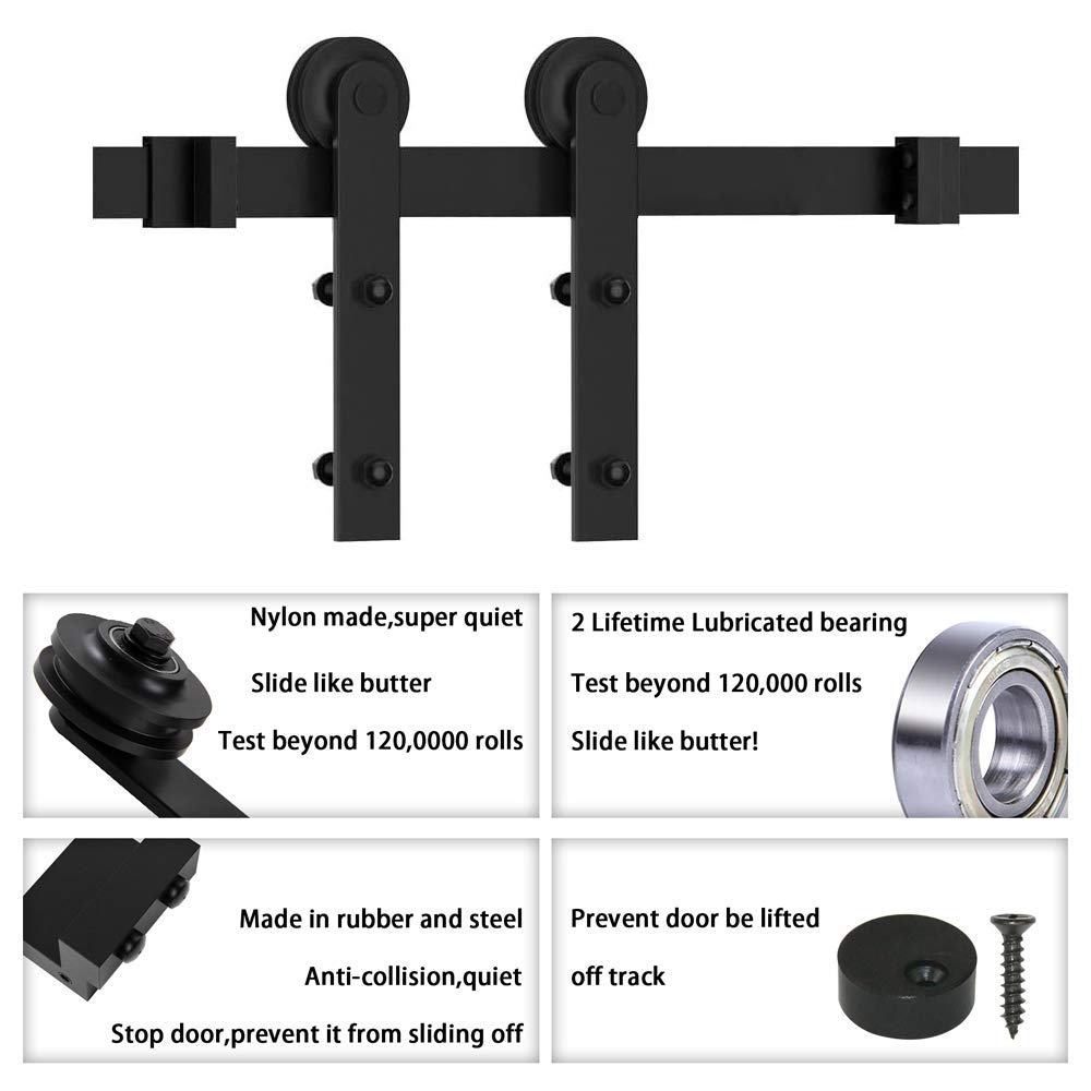 WINSOON 12FT Barn Door Hardware Kit: Double Sliding Door Hardware - Heavy Duty Black Barn Door Track Kit - Carbon Steel Sliding Barn Door Rail - J-Shape Easy to Install for 77" Closet Panel(No Door)