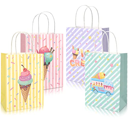 Whaline 24 Pack Ice Cream Gift Bags with Handles Colorful Summer Goody Bags Kraft Paper Ice Cream Treat bags for Wrapping Holiday Gifts Classrooms Party Favors Birthday Decoration, 4 Designs