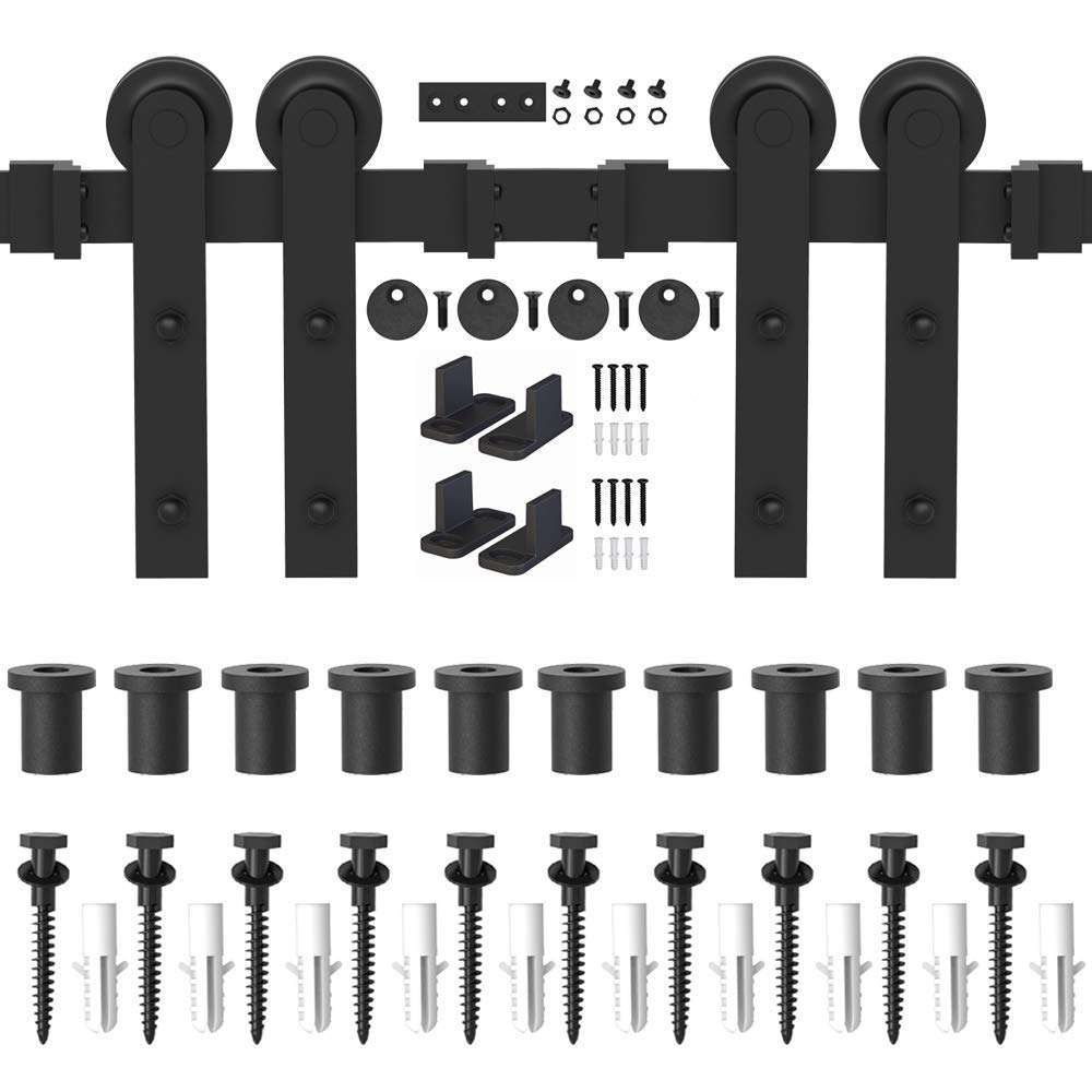 WINSOON 12FT Barn Door Hardware Kit: Double Sliding Door Hardware - Heavy Duty Black Barn Door Track Kit - Carbon Steel Sliding Barn Door Rail - J-Shape Easy to Install for 77" Closet Panel(No Door)