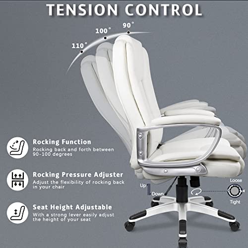 LEMBERI Office Desk Chair, Managerial Executive Chair, Big and Tall High Back Computer Chair, Ergonomic Adjustable Height PU Leather Chairs with Cushions Armrest for Long Time Seating (White)