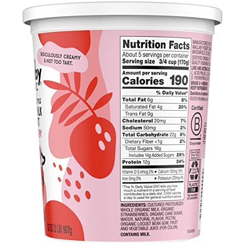 Wallaby Organic Aussie Greek Whole Milk Yogurt, Strawberry, 32 oz. USDA Organic