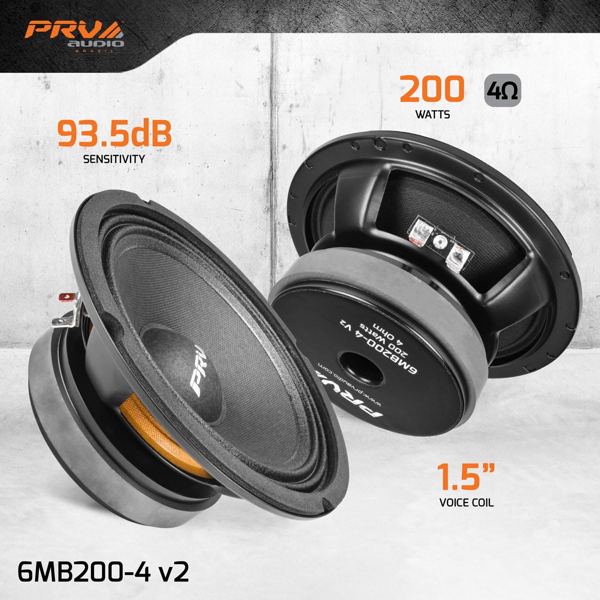 PRV AUDIO 6.5 Midbass Speaker 6MB200-4 v2 4 Ohms - 200 Watts 93.5 dB 1.5" Voice Coil - 6 Inch Speaker for Car Audio with Outstanding Vocals and Punch for Small Custom Enclosures - Pro Audio (Single)