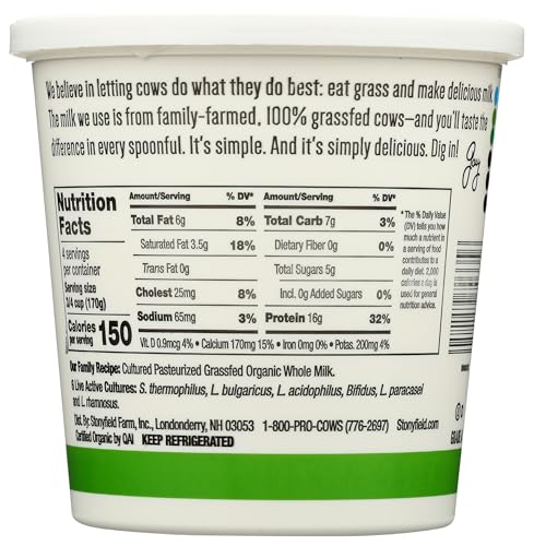 Stonyfield® Organic 100% Grassfed Plain Greek Whole Milk Yogurt 24 Oz. Tub (Pack of 1)