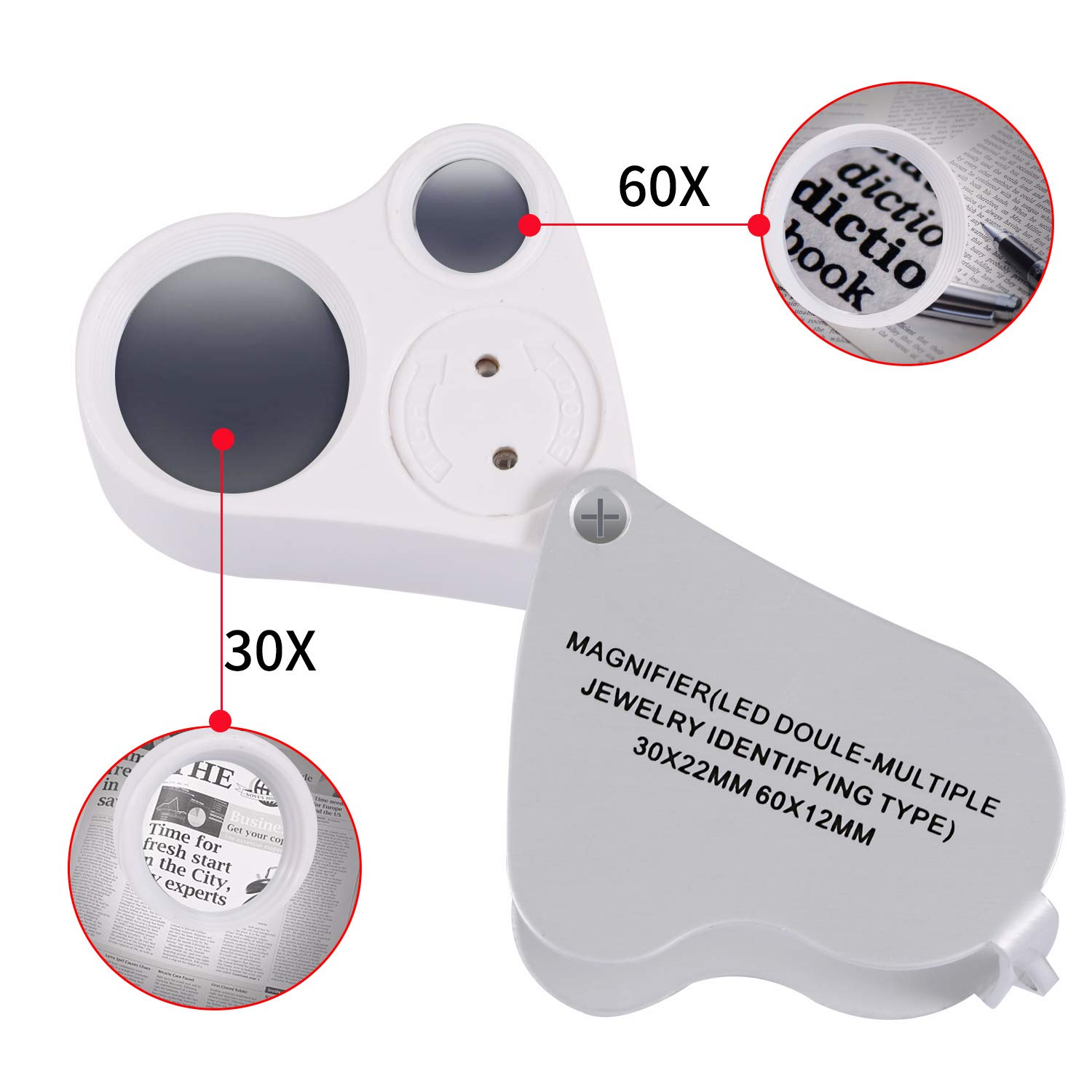 Jiusion Portable Lighted LED Illuminated Jewelry Magnifier 30X 60X Wearable Handheld Dual Lens Eye Loupe Magnifying Glasses Micro Microscope with Keychain and Lanyard