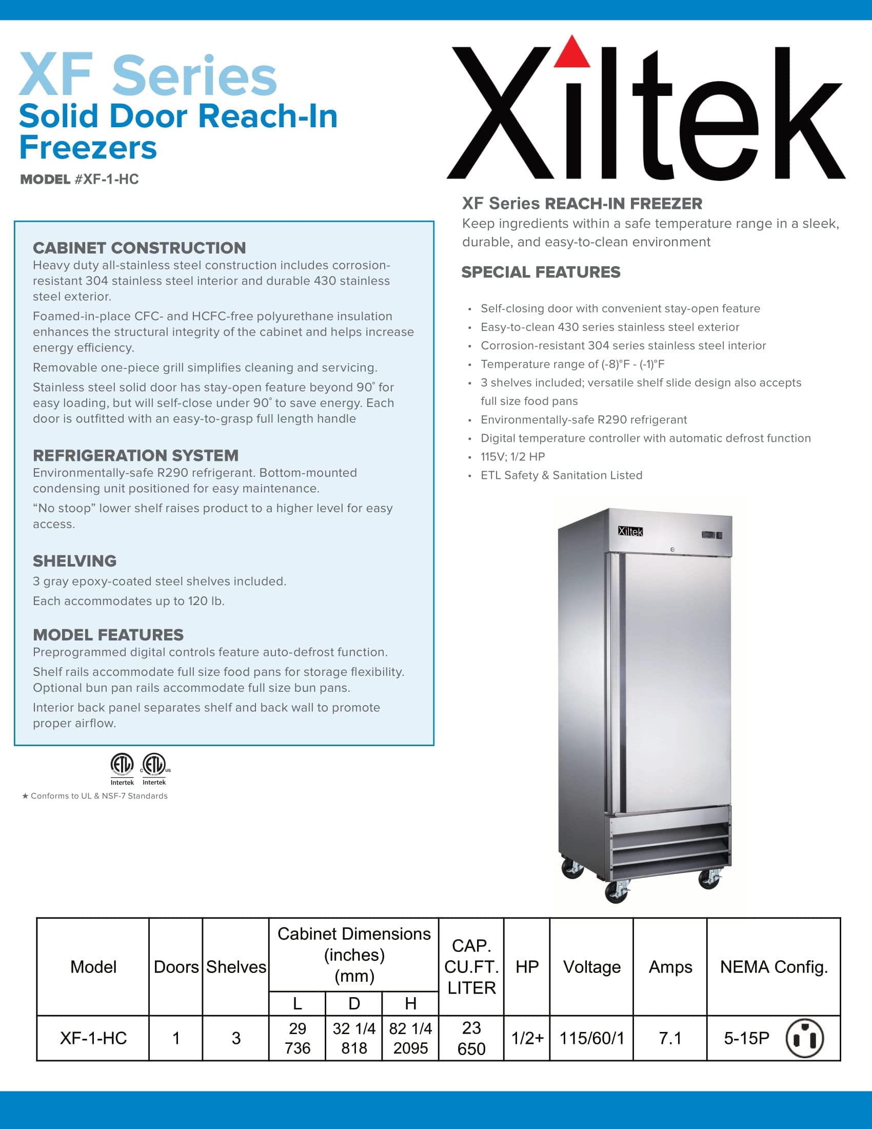 Xiltek 29" Commercial Freezer with Single Stainless Solid Door, 23 cu.ft Stainless Steel Reach-in Freezer for Restaurant, Bar, Shop, Food