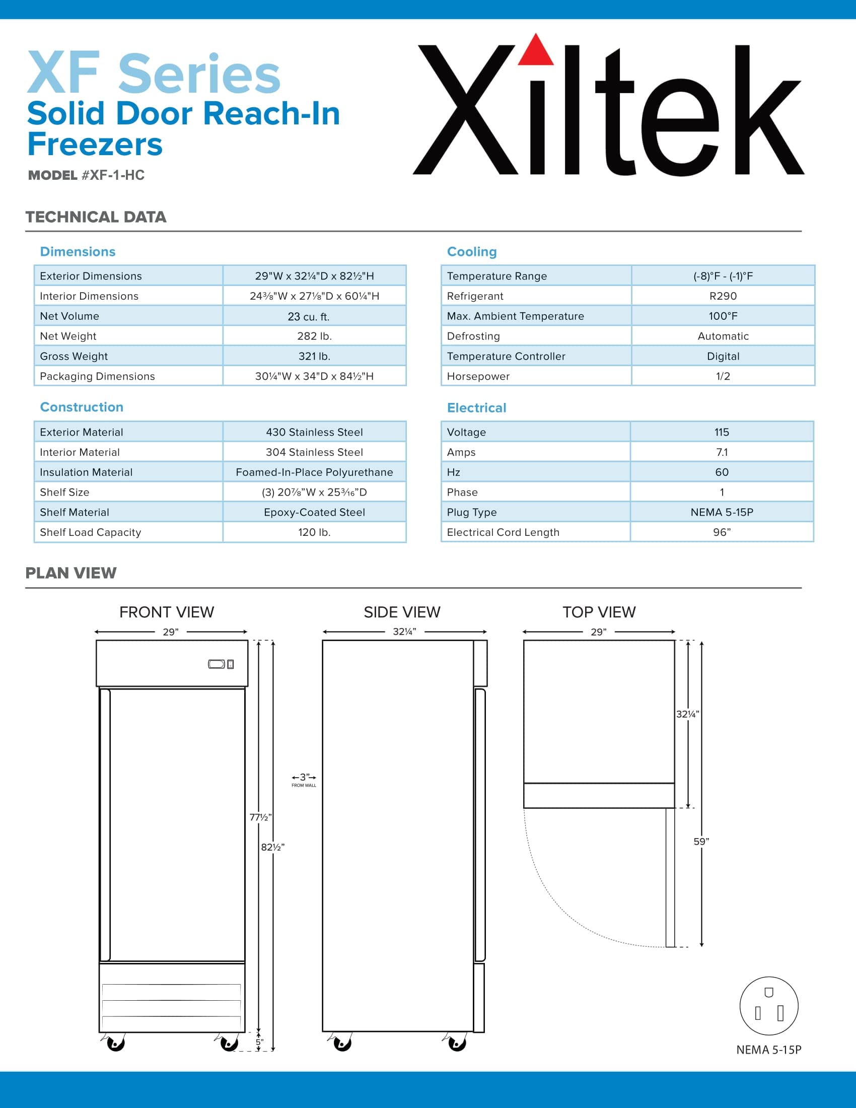 Xiltek 29" Commercial Freezer with Single Stainless Solid Door, 23 cu.ft Stainless Steel Reach-in Freezer for Restaurant, Bar, Shop, Food