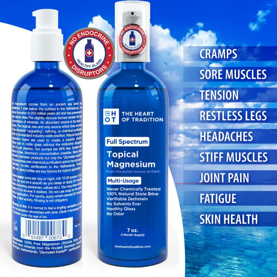 Full Spectrum Transdermal Magnesium Oil - Magnesium Spray in Healthy Glass Certified Zechstein Magnesium Chloride and Trace Minerals (7 fl oz)