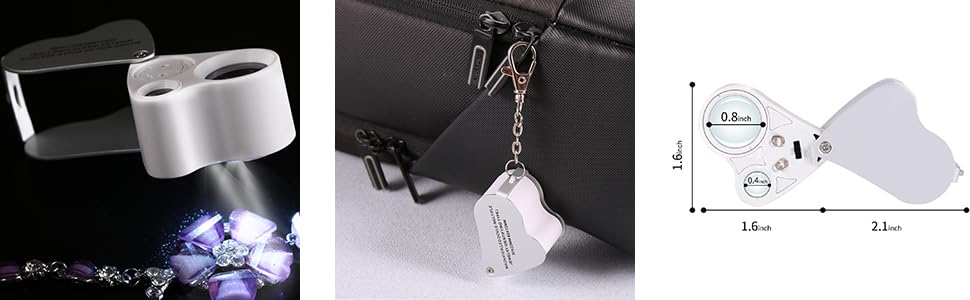 Jiusion Portable Lighted LED Illuminated Jewelry Magnifier 30X 60X Wearable Handheld Dual Lens Eye Loupe Magnifying Glasses Micro Microscope with Keychain and Lanyard