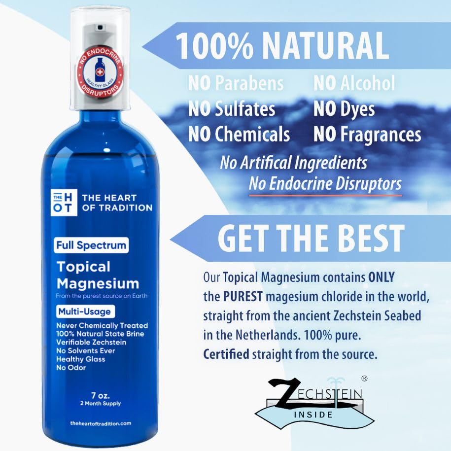 Full Spectrum Transdermal Magnesium Oil - Magnesium Spray in Healthy Glass Certified Zechstein Magnesium Chloride and Trace Minerals (7 fl oz)