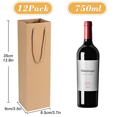 HRX Package Premium Kraft Paper Wine Gift Bags with Handles, 12PCS Sturdy Single Bottle Wine Holder Tote Bag for Christmas, Party, Shopping, Retail Merchandise (Brown)