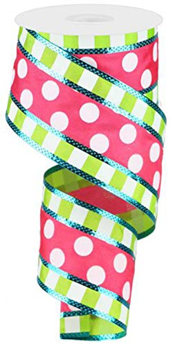 Polka Dots with Stripes Wired Edge Ribbon - 10 Yards (Hot Pink, White, Lime, Turquoise, 2.5")