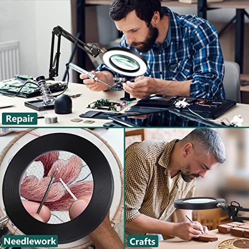 Magnifying Glass with Light and Stand, Veemagni 5X Real Glass 2-in-1 Desk Lamp & Clamp, 3 Color Modes Stepless Dimmable, LED Lighted Magnifier with Light for Hobby Reading Crafts Repair Close Works