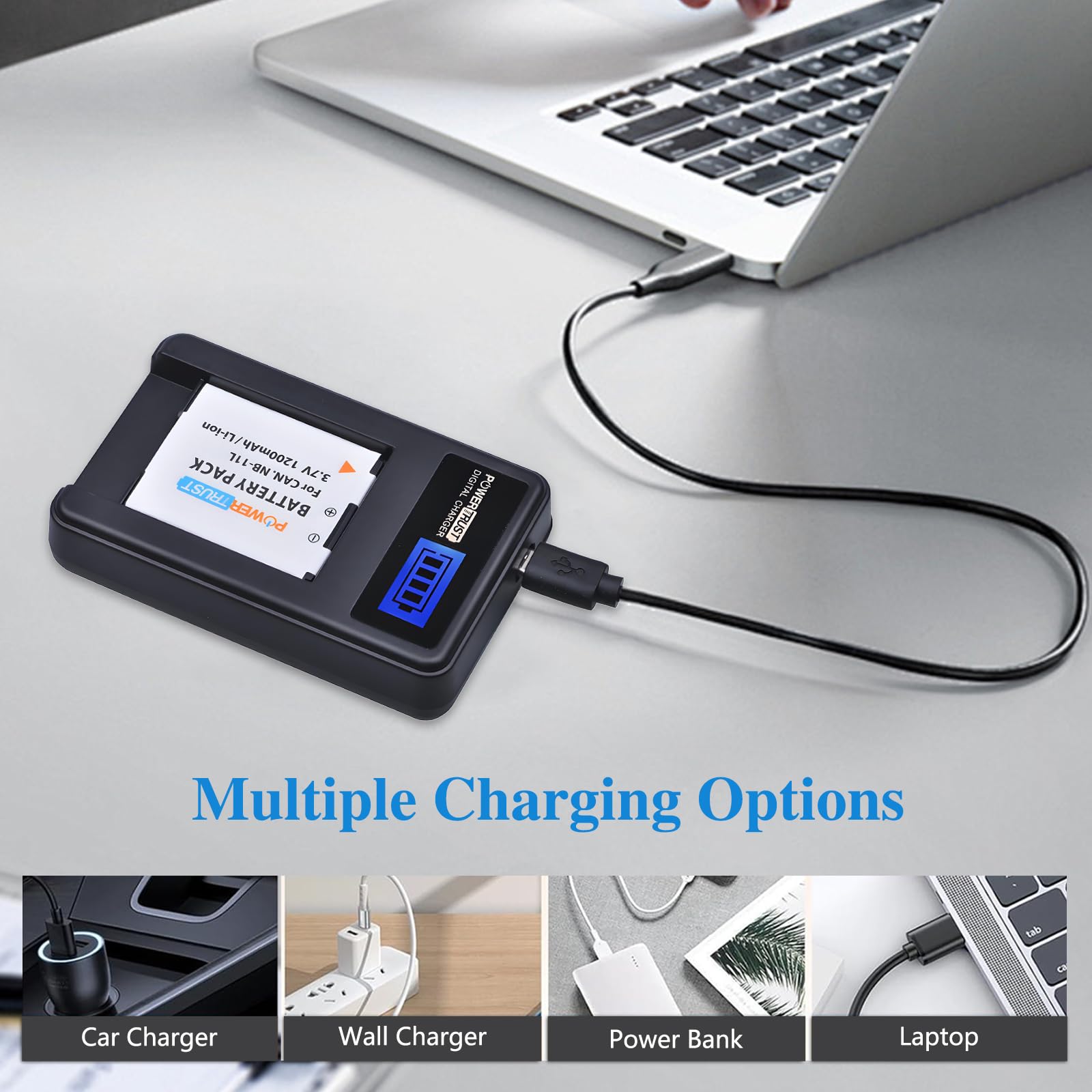 PowerTrust 2 Pack 3.7v NB-11L Replacement Battery and NB-11LH LCD USB Charger for Canon PowerShot A2300 IS, A2400 IS, A2500, A2600, A3400 IS, A3500 IS, A4000 IS, ELPH 110 HS, ELPH 115 HS, ELPH 130 HS,