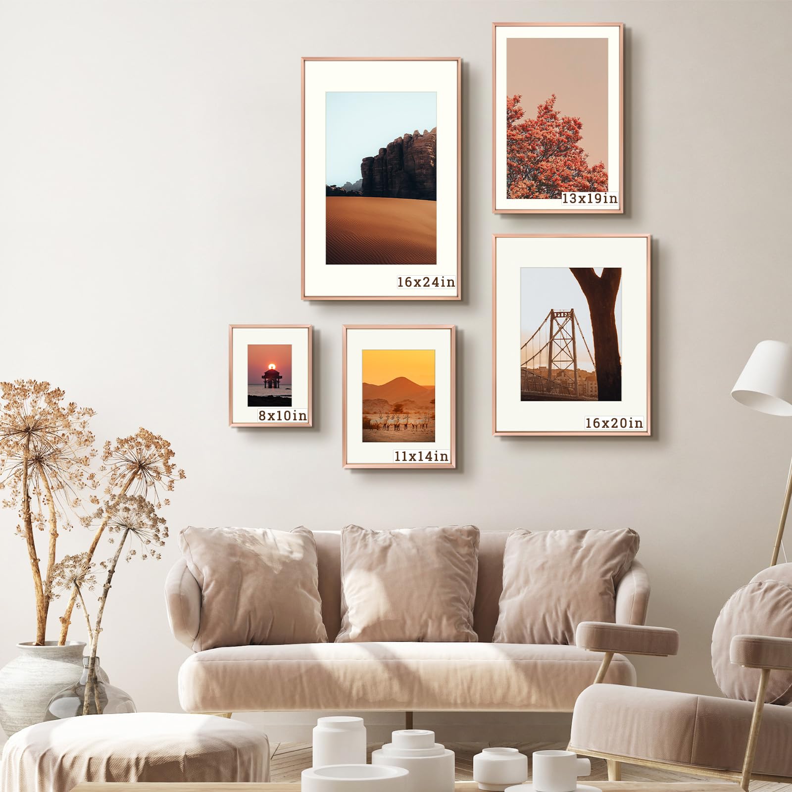 Frametory, 16x20 Metal Picture Frame with Mat for 11x14 Picture & Real Glass, Aluminum Photo Frame Collection (Rose Gold, 1 Pack)