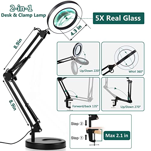 Magnifying Glass with Light and Stand, Veemagni 5X Real Glass 2-in-1 Desk Lamp & Clamp, 3 Color Modes Stepless Dimmable, LED Lighted Magnifier with Light for Hobby Reading Crafts Repair Close Works