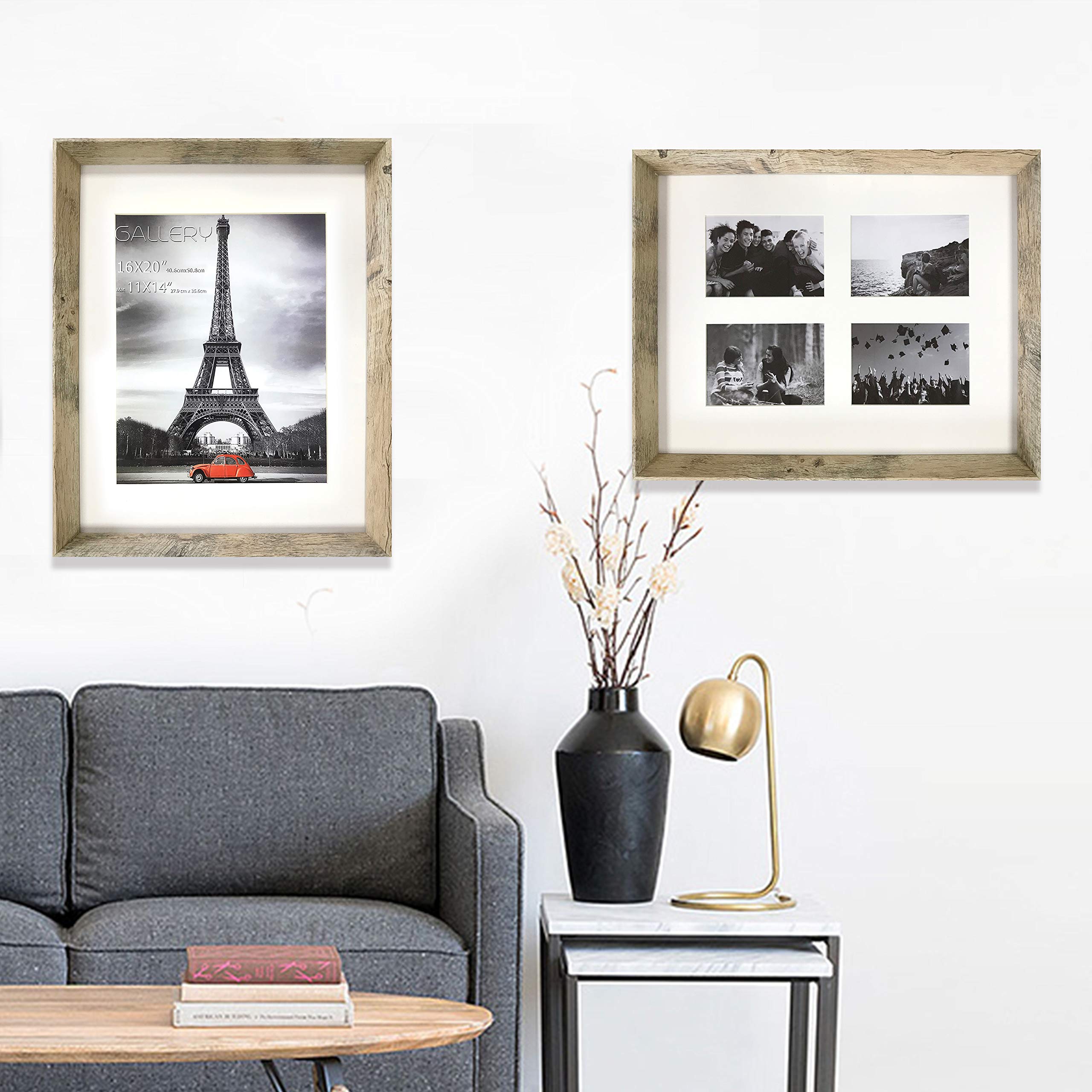 Art Emotion Farmhouse Rustic Woodgrain Style High Profile Picture Frame, Frame Height 1.75", 2 mm Reinforced Glass Light Oak Finish 16x20 Frames for 11x14 and 5x7 Photos, Pack of 2