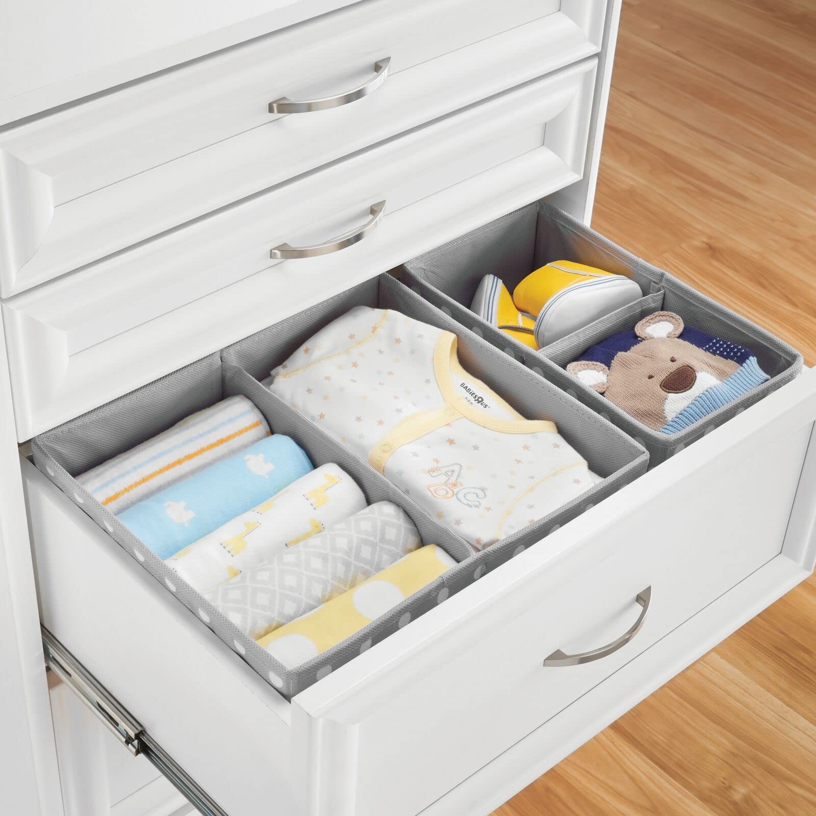 mDesign Fabric Drawer Storage Divider Organizer Bins for Nursery, Kids Bedroom Dresser, Closet, Shelf, Playroom Organization, Hold Clothes, Toys, Diapers, 2 Pack, Gray/White Polka Dot