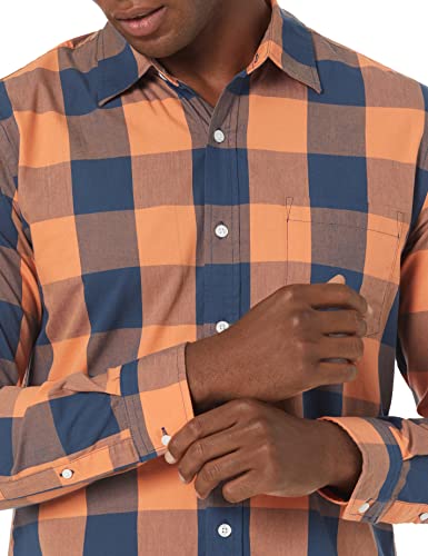 Amazon Essentials Men's Slim-Fit Long-Sleeve Poplin Shirt, Blue Orange Buffalo, Large