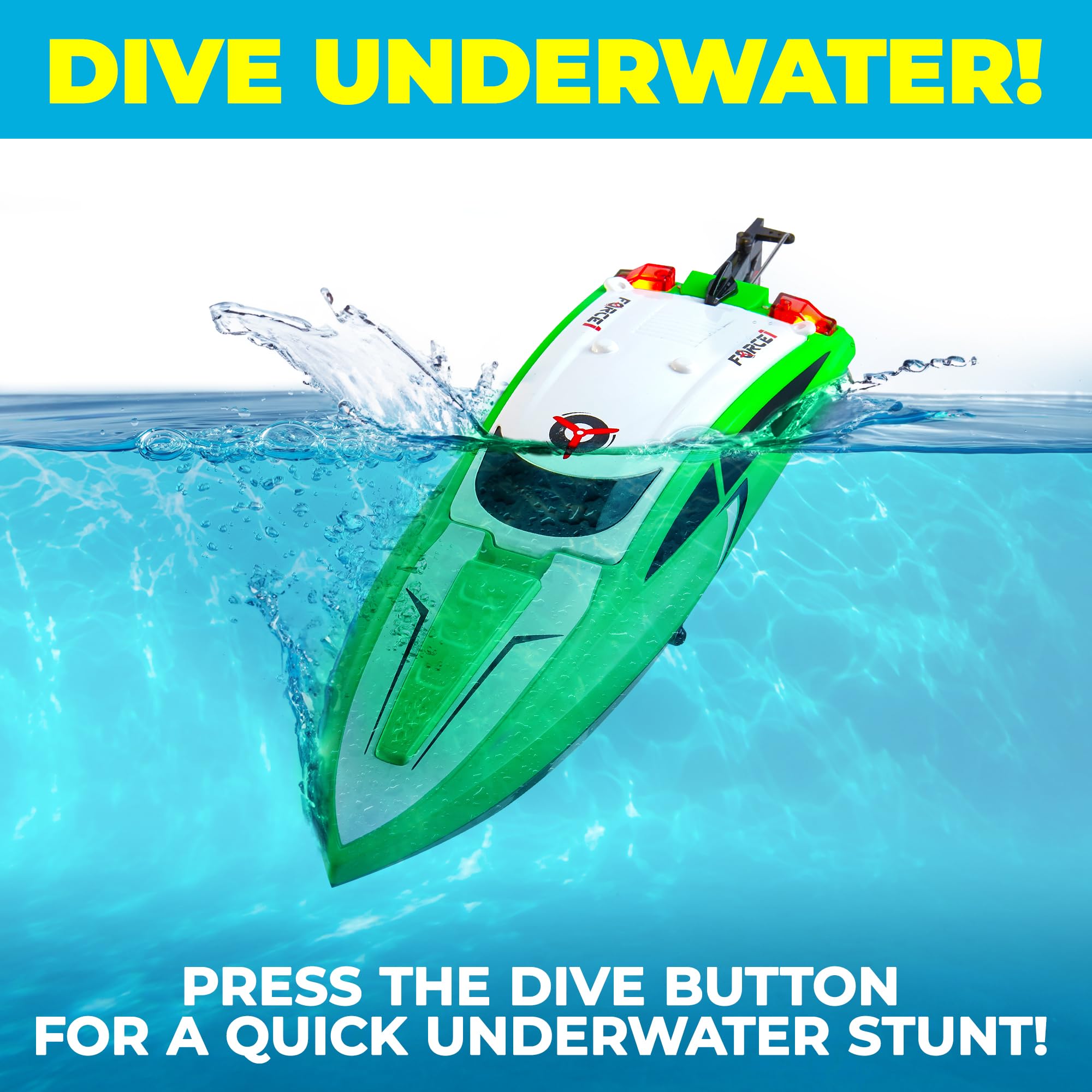 Force1 Velocity Green Fast RC Boat- Remote Control Boats for Adults and Kids, Underwater Speed Racing Mini RC Toy for Pools and Lakes, 2.4GHZ Transmitter, 2 Rechargeable Batteries, Low Battery Alert
