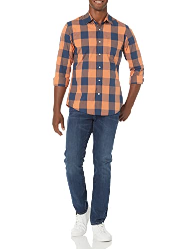 Amazon Essentials Men's Slim-Fit Long-Sleeve Poplin Shirt, Blue Orange Buffalo, Large