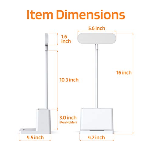 LED Small Desk Lamp, AXX Desk Lamps for Home Office, White Desk Light for Kids, Desktop/Computer Study Lamps for Bedrooms, Rechargeable, Battery Operated, Pen Holder, Adjustable Gooseneck Reading Lamp