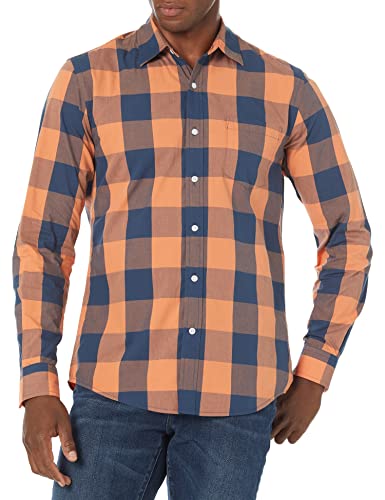 Amazon Essentials Men's Slim-Fit Long-Sleeve Poplin Shirt, Blue Orange Buffalo, Large