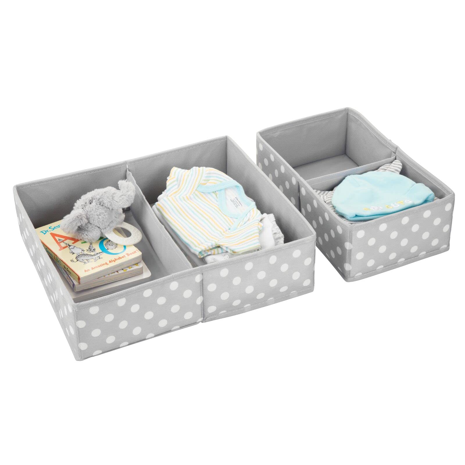 mDesign Fabric Drawer Storage Divider Organizer Bins for Nursery, Kids Bedroom Dresser, Closet, Shelf, Playroom Organization, Hold Clothes, Toys, Diapers, 2 Pack, Gray/White Polka Dot