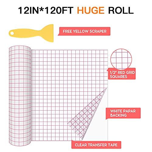 HTVRONT Transfer Tape for Vinyl - 12" X 120 ft w/Red Alignment Grid Transfer Paper for Cricut Adhesive Vinyl, Silhouette Cameo Vinyl Transfer Tape for Vinyl for Decals,Signs, Windows, Stickers
