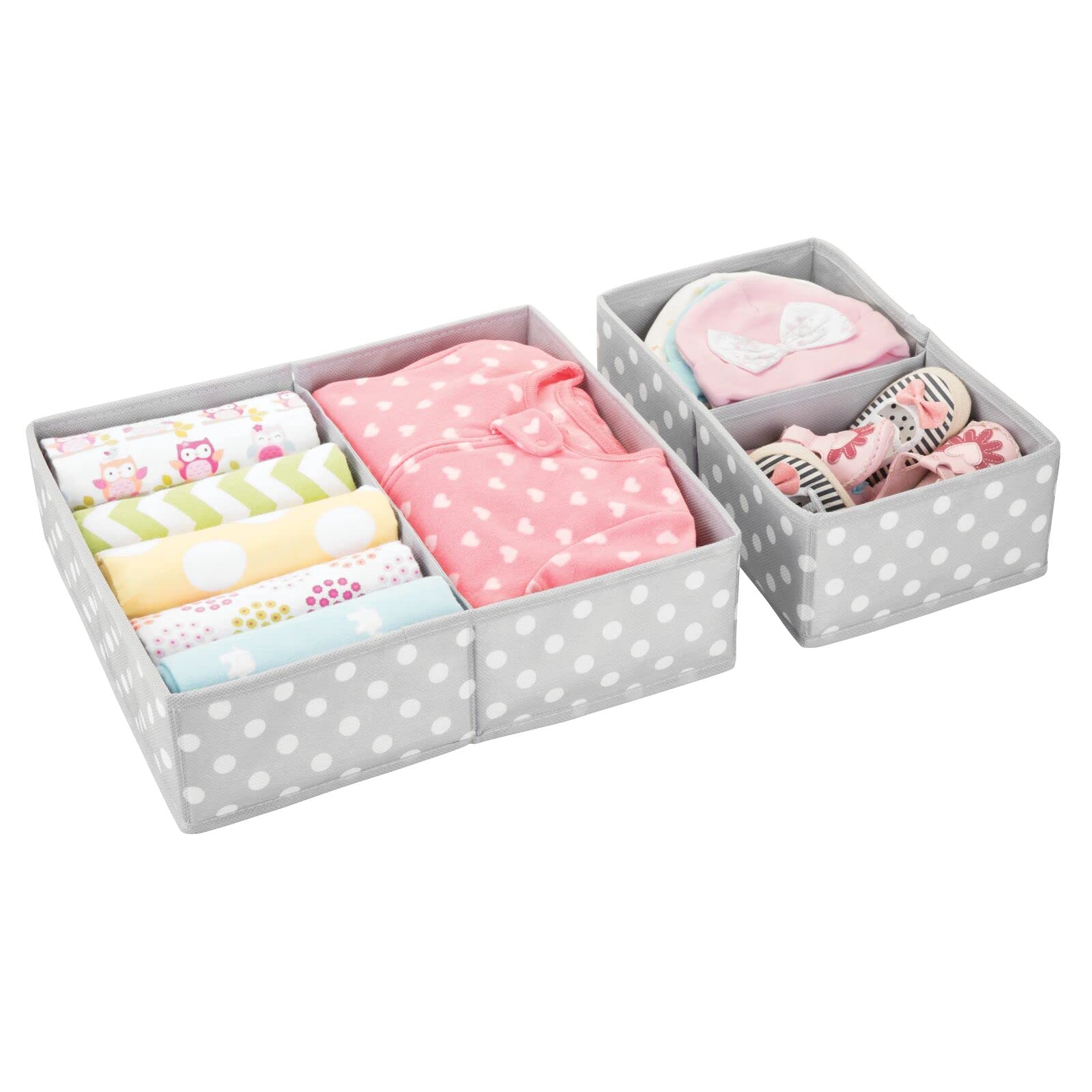 mDesign Fabric Drawer Storage Divider Organizer Bins for Nursery, Kids Bedroom Dresser, Closet, Shelf, Playroom Organization, Hold Clothes, Toys, Diapers, 2 Pack, Gray/White Polka Dot