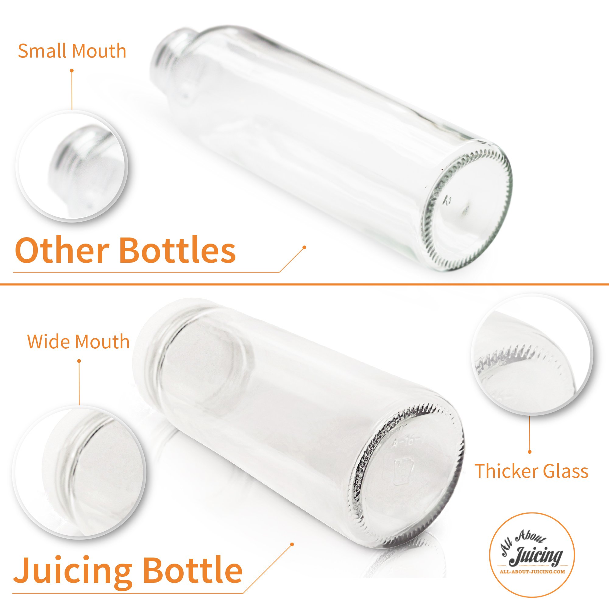 All About Juicing Clear Glass Water Bottles Set - 6 Pack Wide Mouth with Lids for Juice, Smoothies, Beverage Storage - 16 oz, Durable, Reusable, Dishwasher Safe, Leak Proof (White Caps)