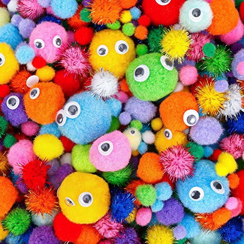Caydo 1050Pcs Multicolor Pom Poms, Assorted Sizes & Colors Craft Pompom Balls with 150pcs Wiggly Eyes for Kids Arts and Craft Projects and Decorations