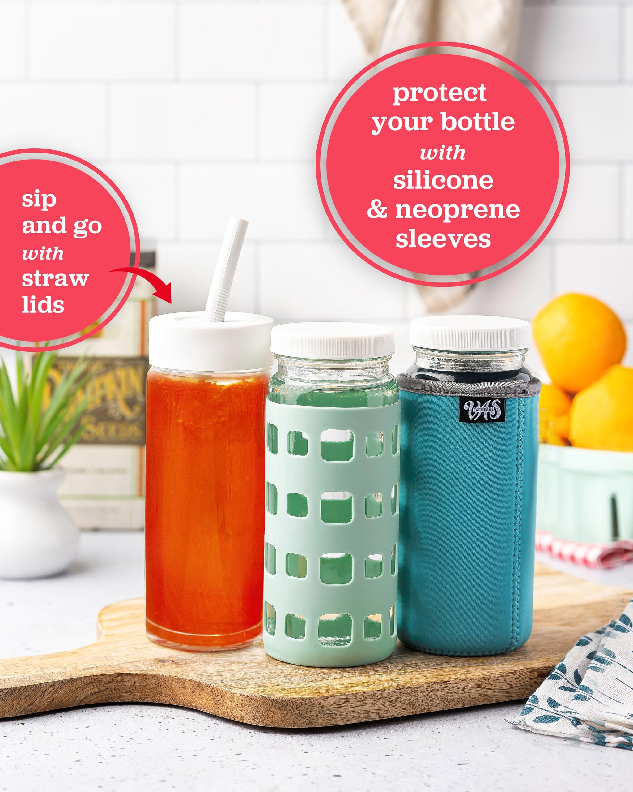 All About Juicing Clear Glass Water Bottles Set - 6 Pack Wide Mouth with Lids for Juice, Smoothies, Beverage Storage - 16 oz, Durable, Reusable, Dishwasher Safe, Leak Proof (White Caps)