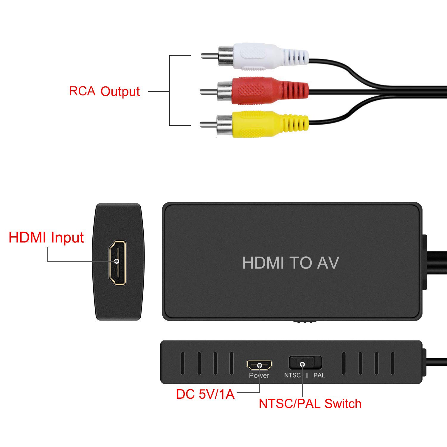 RuiPuo HDMI to AV Converter HDMI to Video Audio Adapter Supports PAL/NTSC Compatible for Roku Streaming Stick, Fire Stick, Apple TV, DVD, Blu-ray Player, HD Box ect (HDMI to RCA Converter)