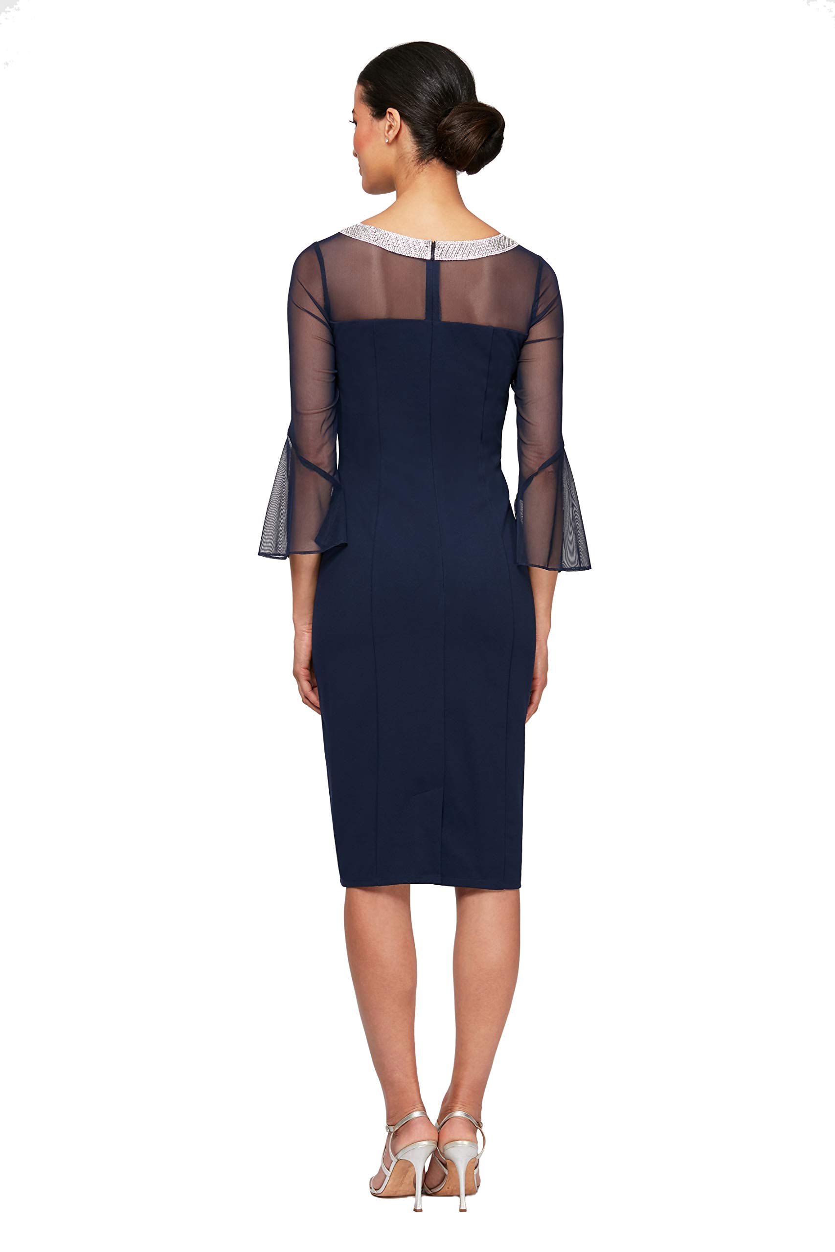 Alex Evenings Women's Short Shift Cocktail Dress with Embellished Illusion Detail, Wedding Guest (Petite and Regular Sizes), Navy, 14