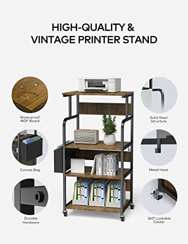 Bealife 4 Tier Home Printer Stand with Storage Bag, Tall Mobile Printer Cart with Lockable Rolling Wheels for Office,Small Space, Heavy Duty - Retro