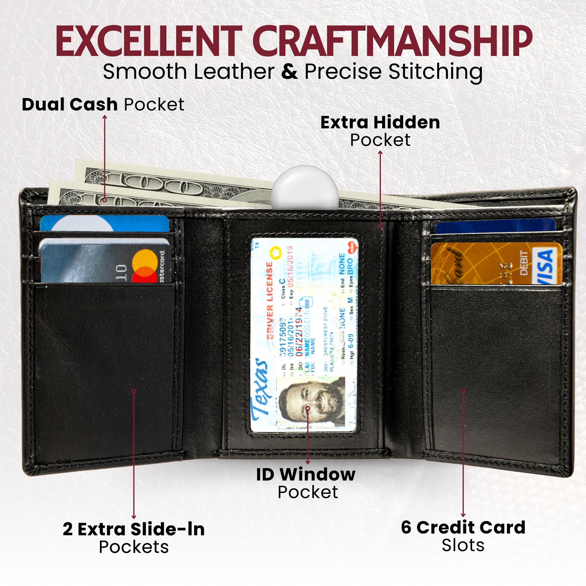 BULL GUARD Genuine Nappa Leather Trifold Wallet For Men RFID And ID Window