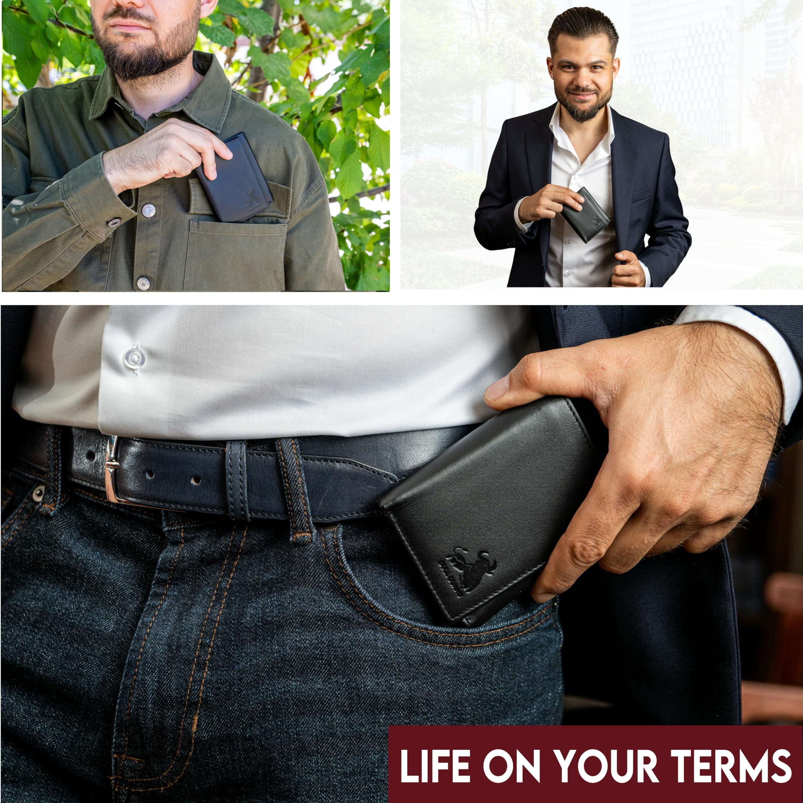 BULL GUARD Genuine Nappa Leather Trifold Wallet For Men RFID And ID Window