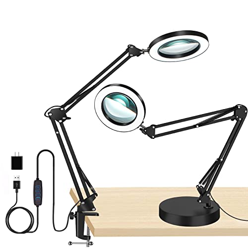 WYZGFRQS 2-in-1 Magnifying Glass with Light, 5X Magnifying Glass with Light and Stand & Clamp, Magnifying Lamp with 72 LED Lights, 3 Modes Stepless Dimmable, Adjustable Swivel Arm